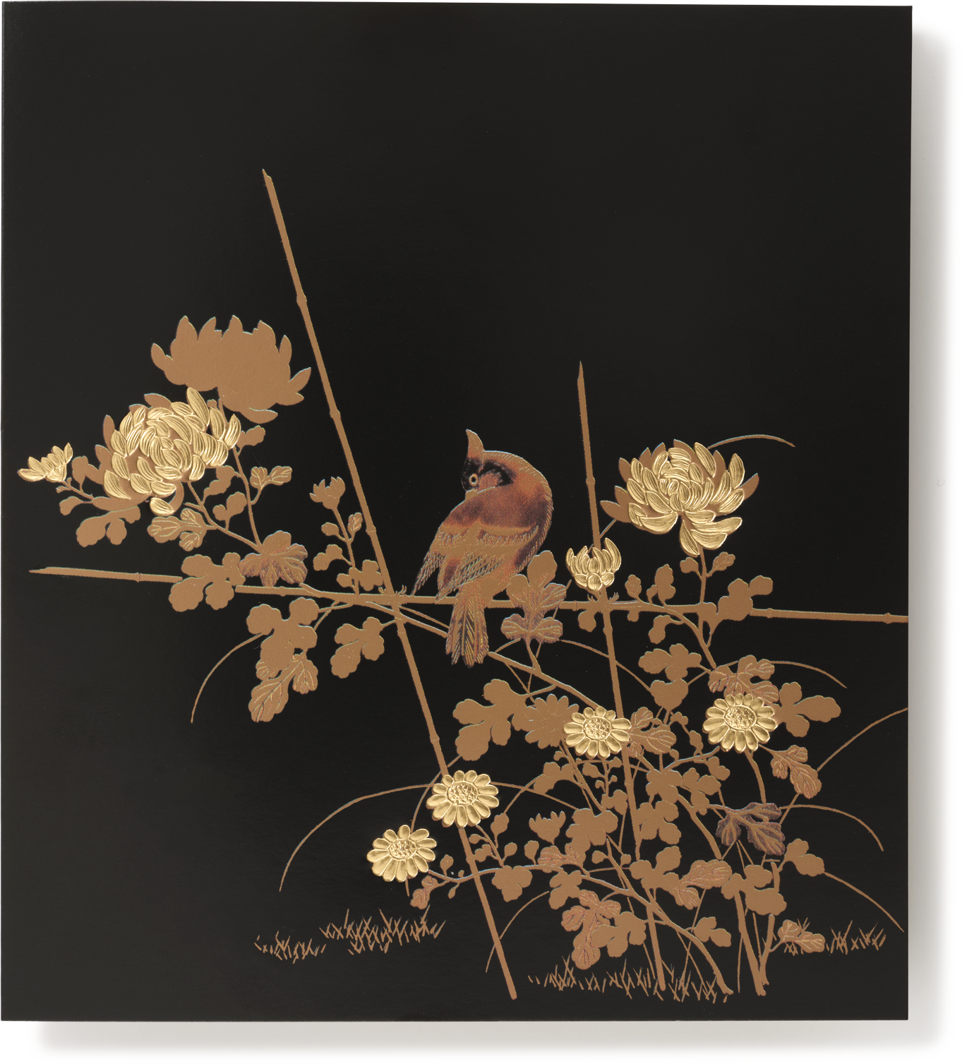 Gold Foil Japanese Lacquer Greeting Card, Flycatcher and Chrysanthemum ...